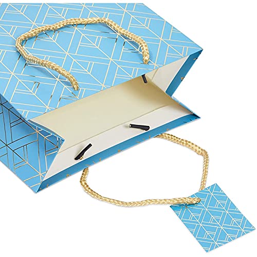 Blue & Gold Foil Gift Bags with Handles, 4 Designs for Baby Shower, Wedding (15 Pack)