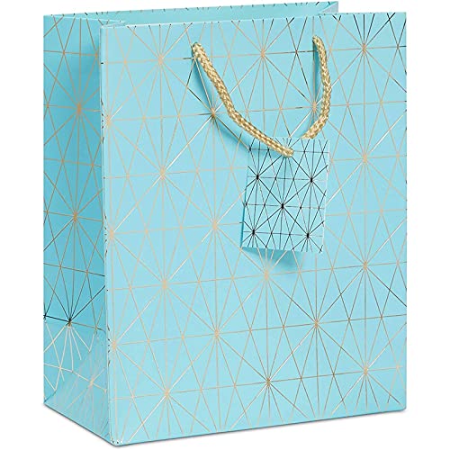 Blue & Gold Foil Gift Bags with Handles, 4 Designs for Baby Shower, Wedding (15 Pack)