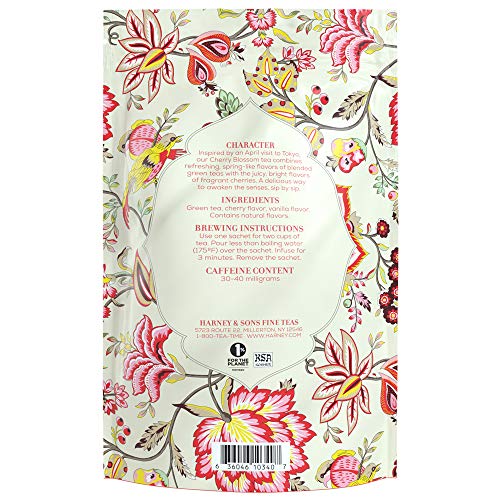 Harney & Sons Blossom Bag of Sachets Green Tea wCherry and Vanilla, Cherry, 50 Count