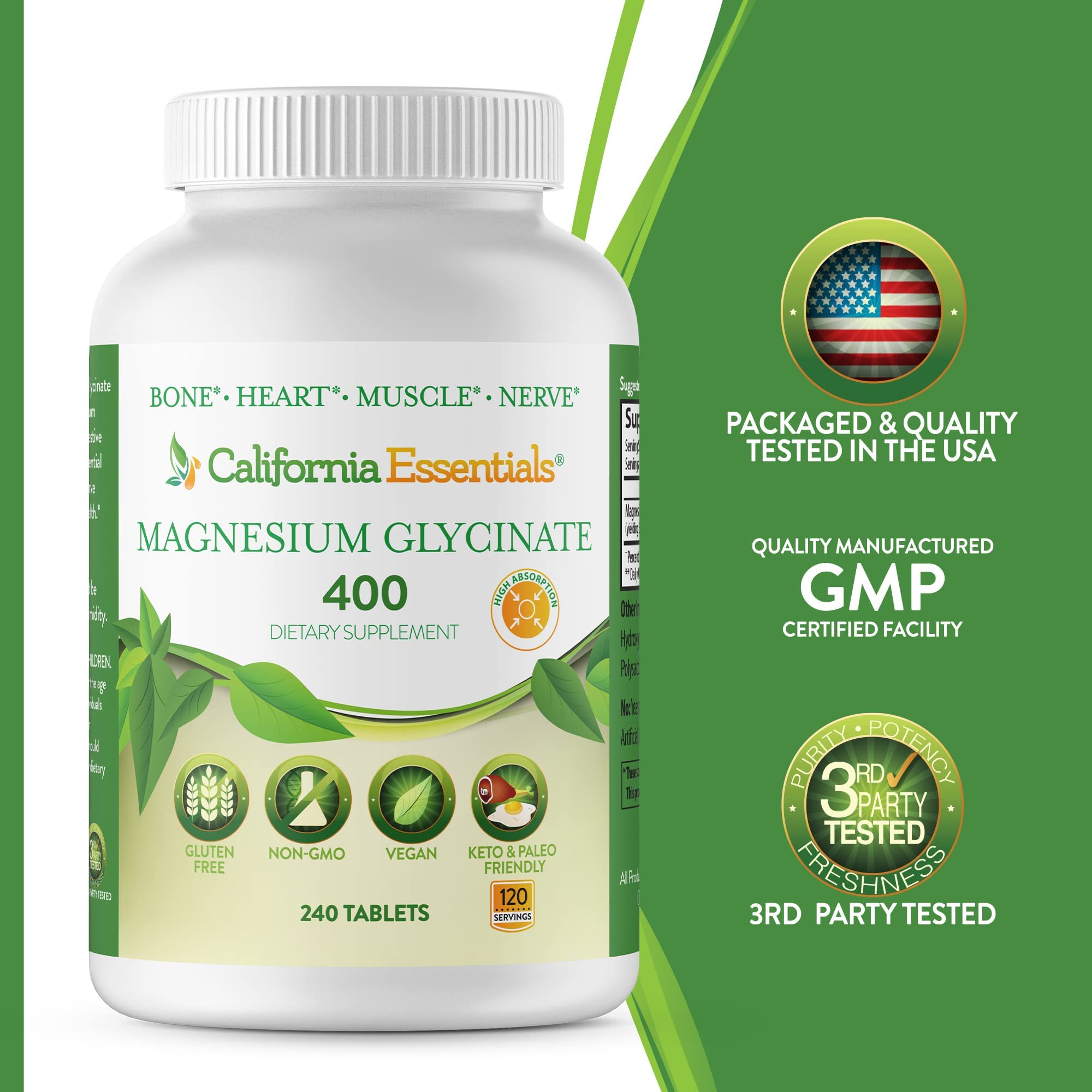 Magnesium Glycinate 400 - Chelated, High Absorption Magnesium for Muscle Relief, Bone & Heart Support -Vegan, Non-GMO, Gluten-Free 240 Tablets (Servings 120, Serving Size (2) 200mg Tablets)