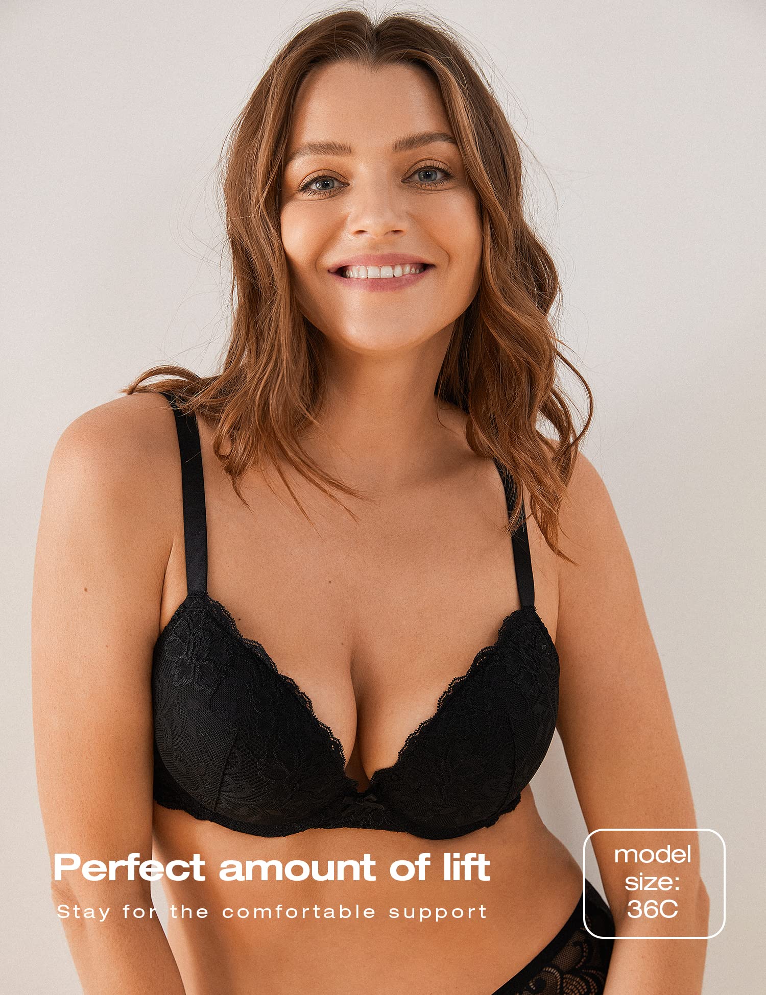 Deyllo Women’s Push Up Lace Bra Comfort Padded Underwire Bra Lift Up Add One Cup(Black,38C)