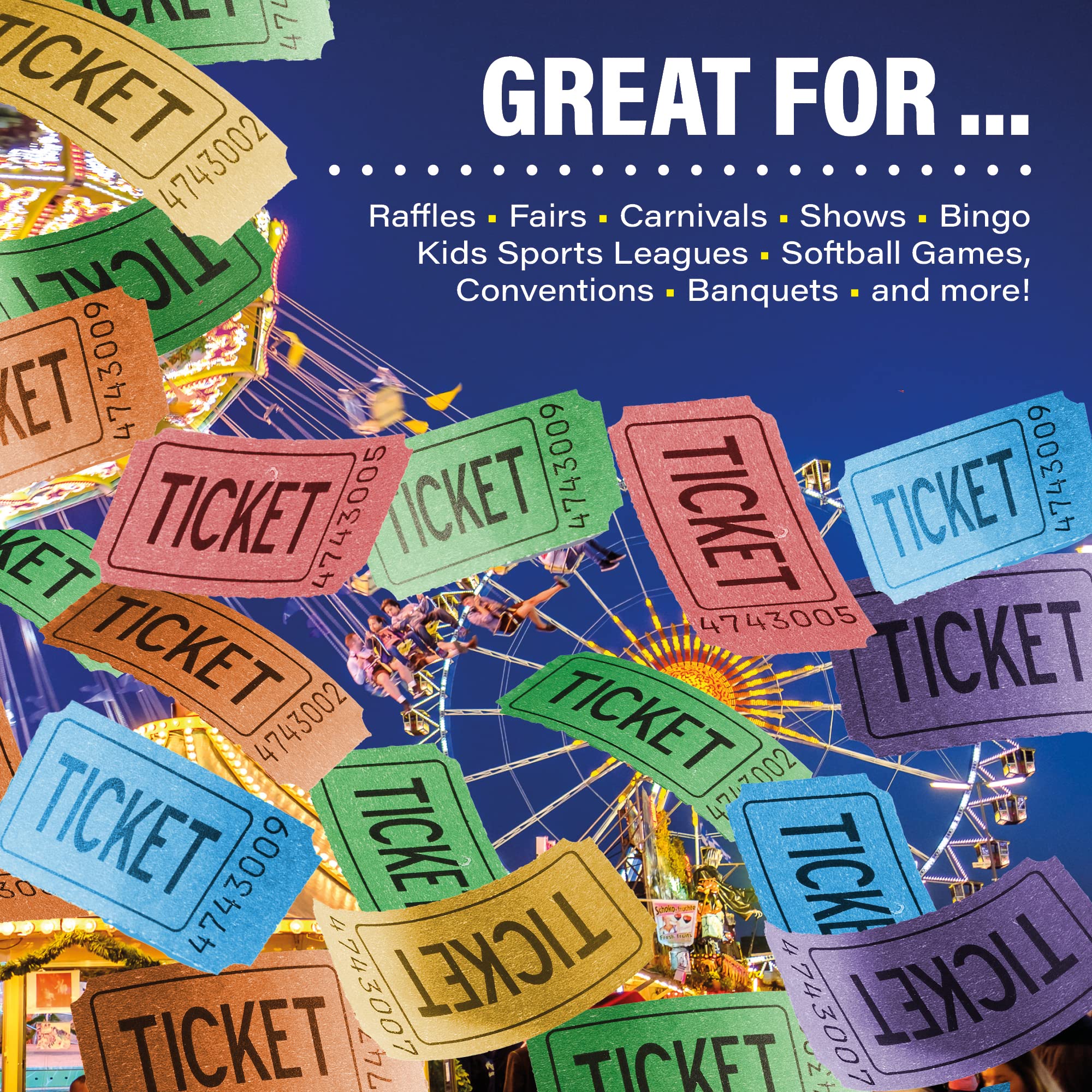 50/50 Raffle Tickets Double Roll - Bulk Box of 8 Colors - 2000 Ticket Count Per Roll - Easy Tear Away Stubs for Contact Info - Raffle Drum Tickets Roll for Drinks, Carnival, Chinese Auction, Events