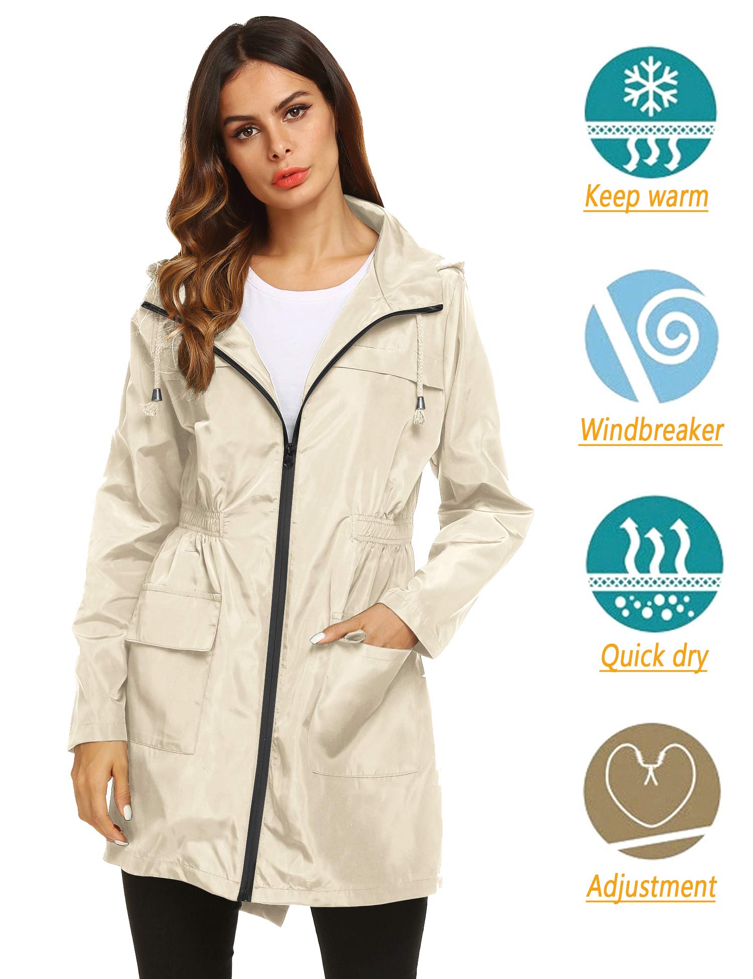 LOMON Womens Lightweight Raincoat Hooded Waterproof Active Outdoor Quick Dry Rain Jacket Beige M