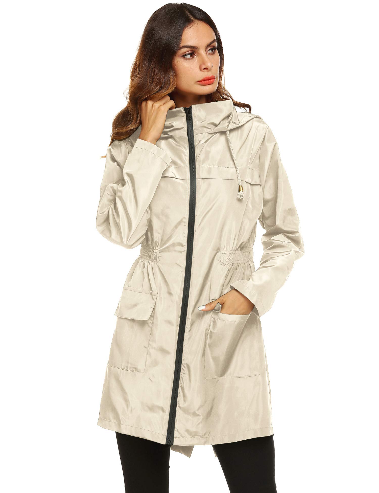 LOMON Womens Lightweight Raincoat Hooded Waterproof Active Outdoor Quick Dry Rain Jacket Beige M
