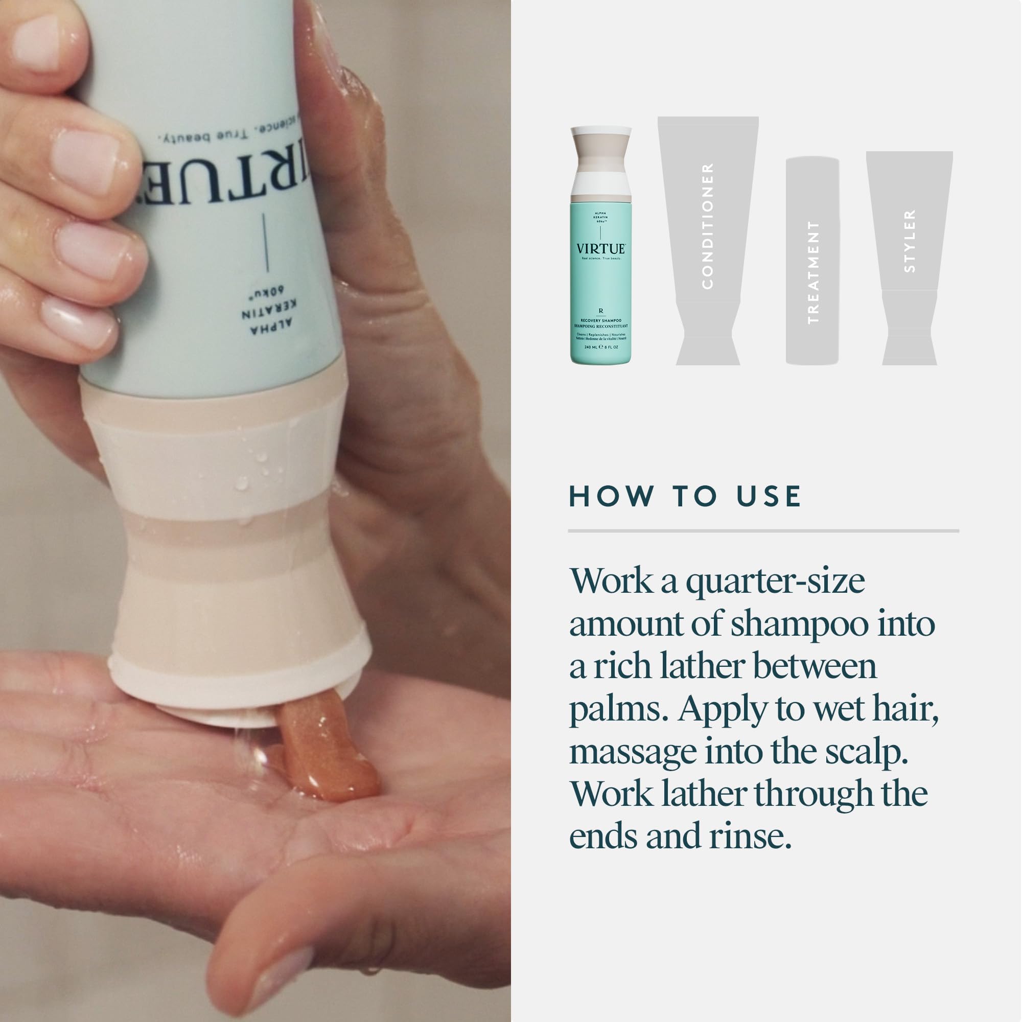 VIRTUE Recovery Sulfate Free Shampoo with Keratin and Baobab Seed Oil for Damaged Hair, Color Safe