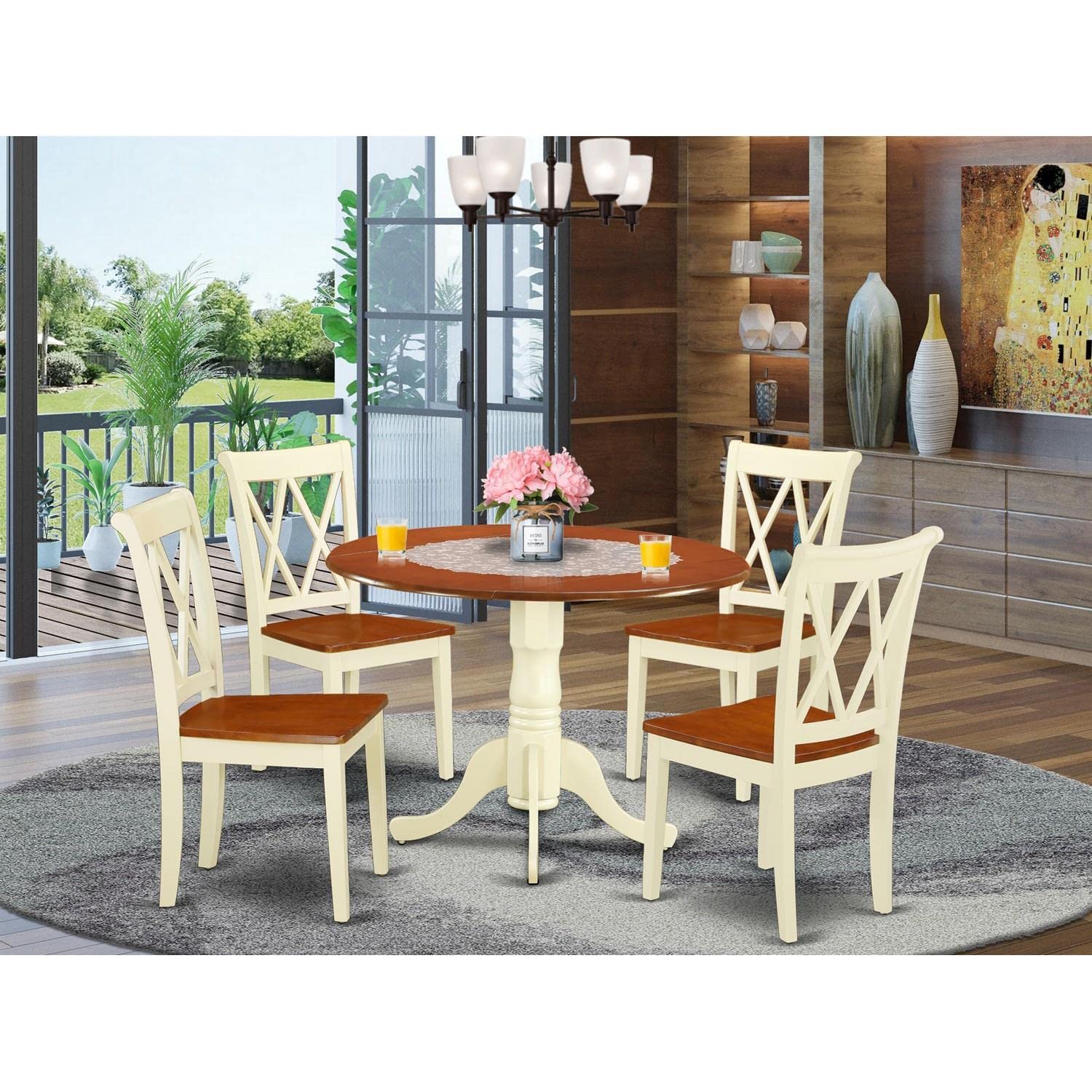 East West Furniture DLCL5-BMK-W 5 Piece Dining Room Table Set Includes a Round Dining Table with Dropleaf and 4 Wood Seat Chairs, 42x42 Inch, Buttermilk & Cherry