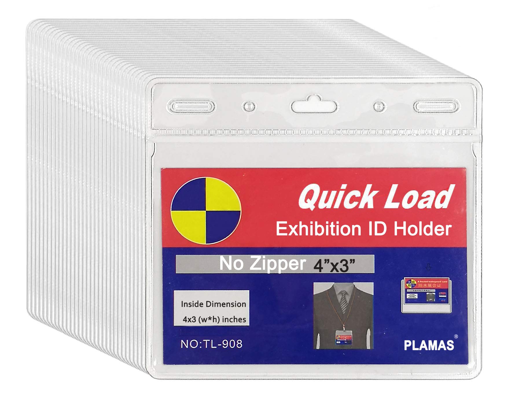 50 Pack - WTQ Zipperless ID Badge Holders, Horizontal (Fits 4x3 Insert), Quick Open Easy Load, Clear Vinyl Pouch for ID Cards, Nametags, Tickets