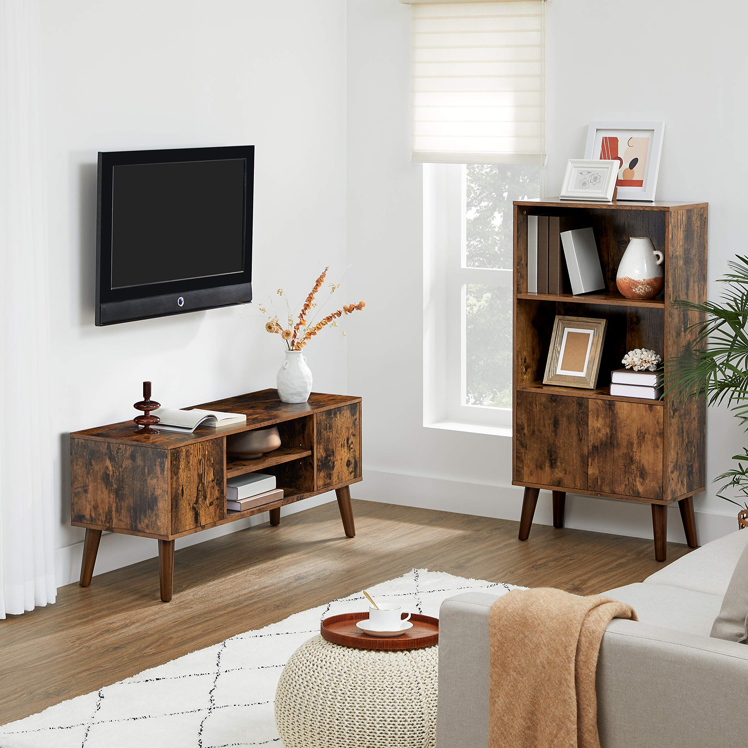 VASAGLE Retro TV Stand for Televisions up to 42 Inches, Mid-Century Modern Entertainment Center, 43.4”, Rustic Brown