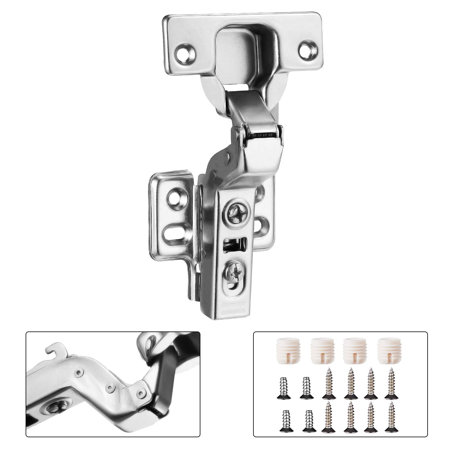 Luokim 4pcs Standard Cabinet Hinge,Fit for Frameless Cabinet,European Inset,Soft Closing,Four-Hole mounting Plate Hinges,Nickel Plated Finish