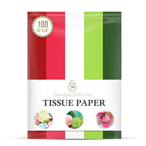 Christmas Theme Tissue Paper for Gift Wrapping (5 Assorted Colors), Packaging, Floral, Birthday, Christmas, Halloween, DIY Crafts and More 15" X 20" 100 Sheets