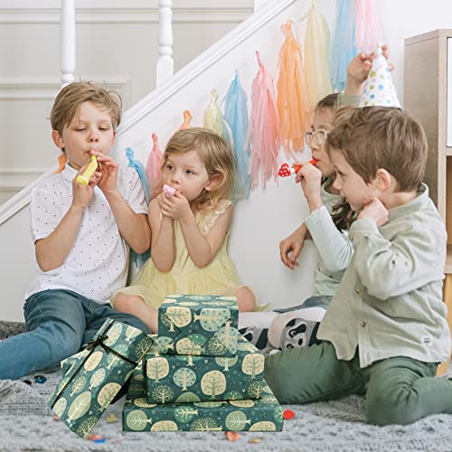 Green Tree Wrapping Paper,White Kraft Gift Wrapping Paper for Boys,4 Folded Sheets Cartoon Wrapping Paper with String for Kids Birthday Baby Showers Christmas Father's Day Party Gift Wrap,28*20 Inch