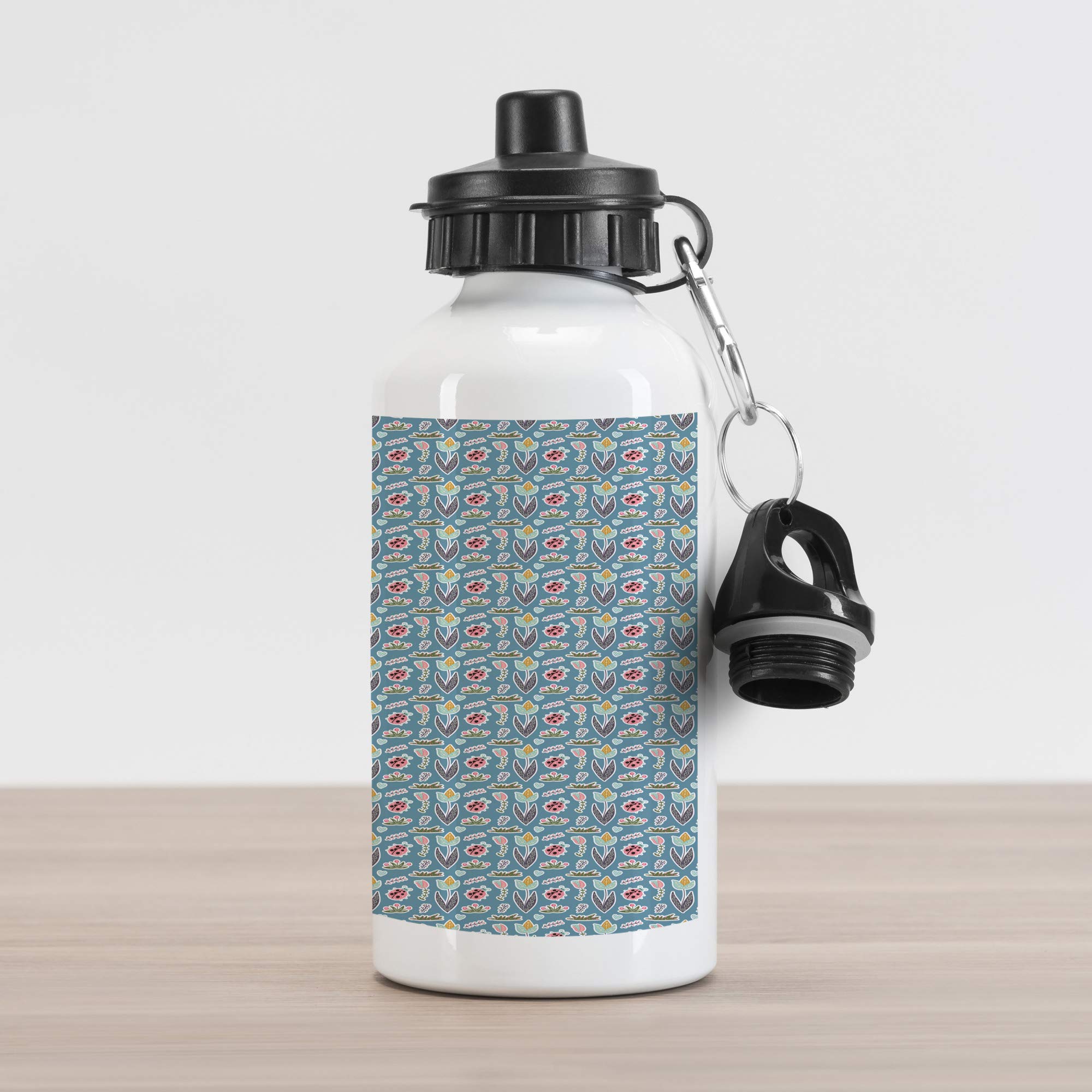 Ambesonne Nature Aluminum Water Bottle, Doodle Forest Elements with Ladybugs Flowers and Thickets Ornamented with Curls, Aluminum Insulated Spill-proof Travel Sports Water Bottle, Multicolor