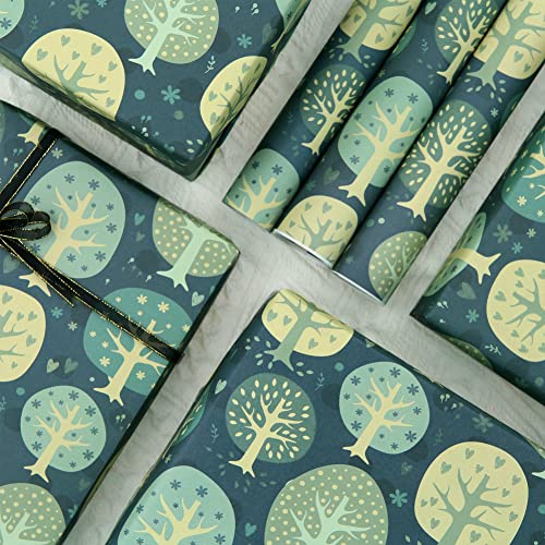 Green Tree Wrapping Paper,White Kraft Gift Wrapping Paper for Boys,4 Folded Sheets Cartoon Wrapping Paper with String for Kids Birthday Baby Showers Christmas Father's Day Party Gift Wrap,28*20 Inch