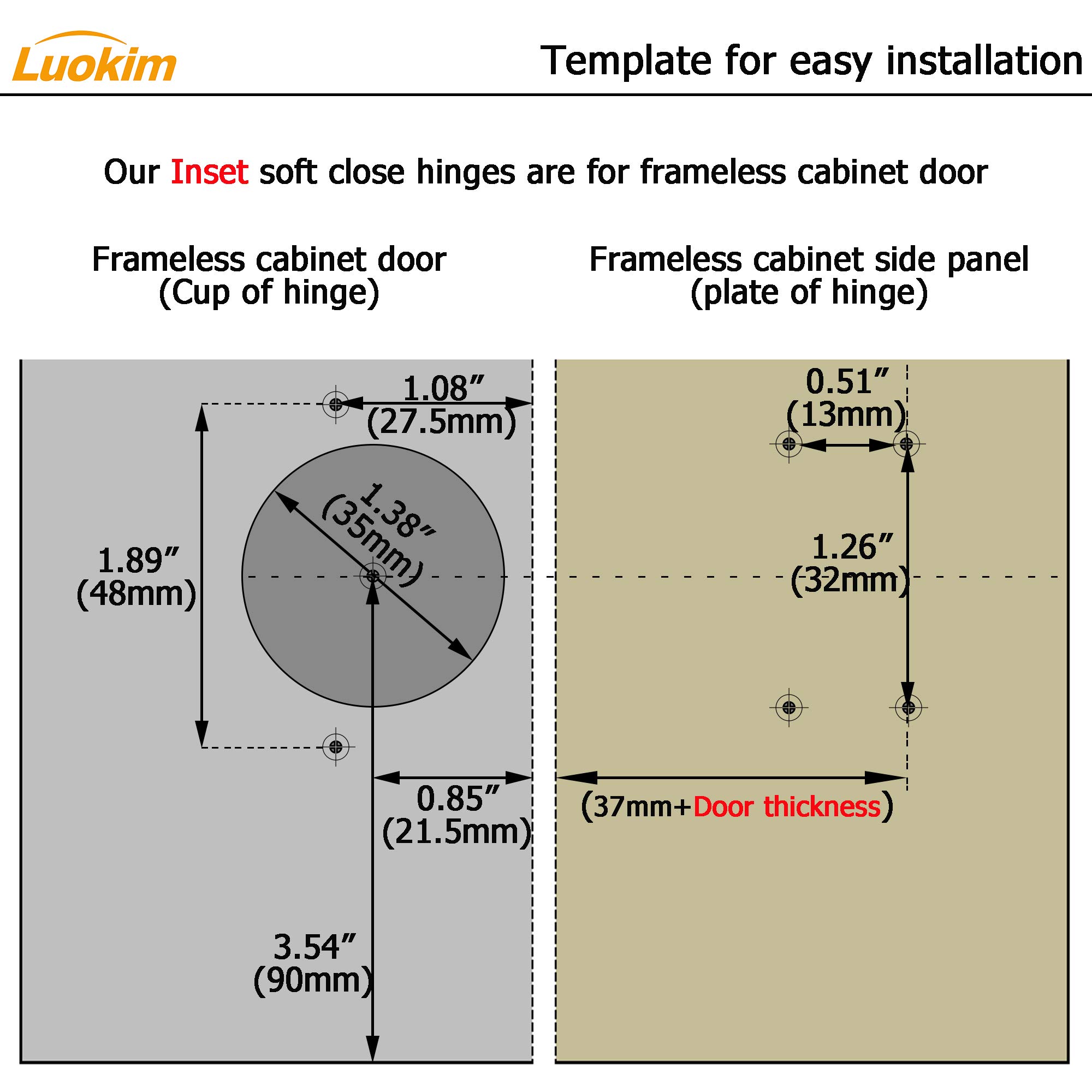Luokim 4pcs Standard Cabinet Hinge,Fit for Frameless Cabinet,European Inset,Soft Closing,Four-Hole mounting Plate Hinges,Nickel Plated Finish