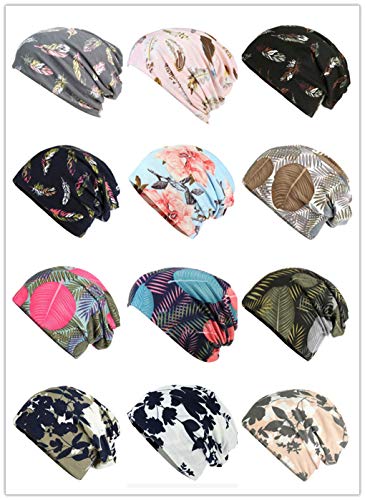 HONENNA Flower Printed Beanie Women Turban Headband Chemo Cap (Beige&Pink)