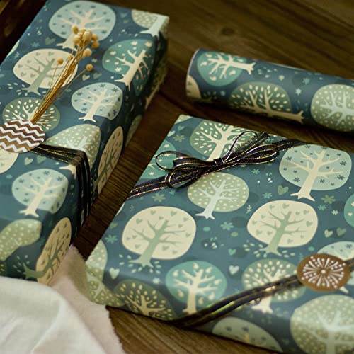 Green Tree Wrapping Paper,White Kraft Gift Wrapping Paper for Boys,4 Folded Sheets Cartoon Wrapping Paper with String for Kids Birthday Baby Showers Christmas Father's Day Party Gift Wrap,28*20 Inch