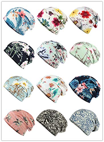 HONENNA Flower Printed Beanie Women Turban Headband Chemo Cap (Beige&Pink)