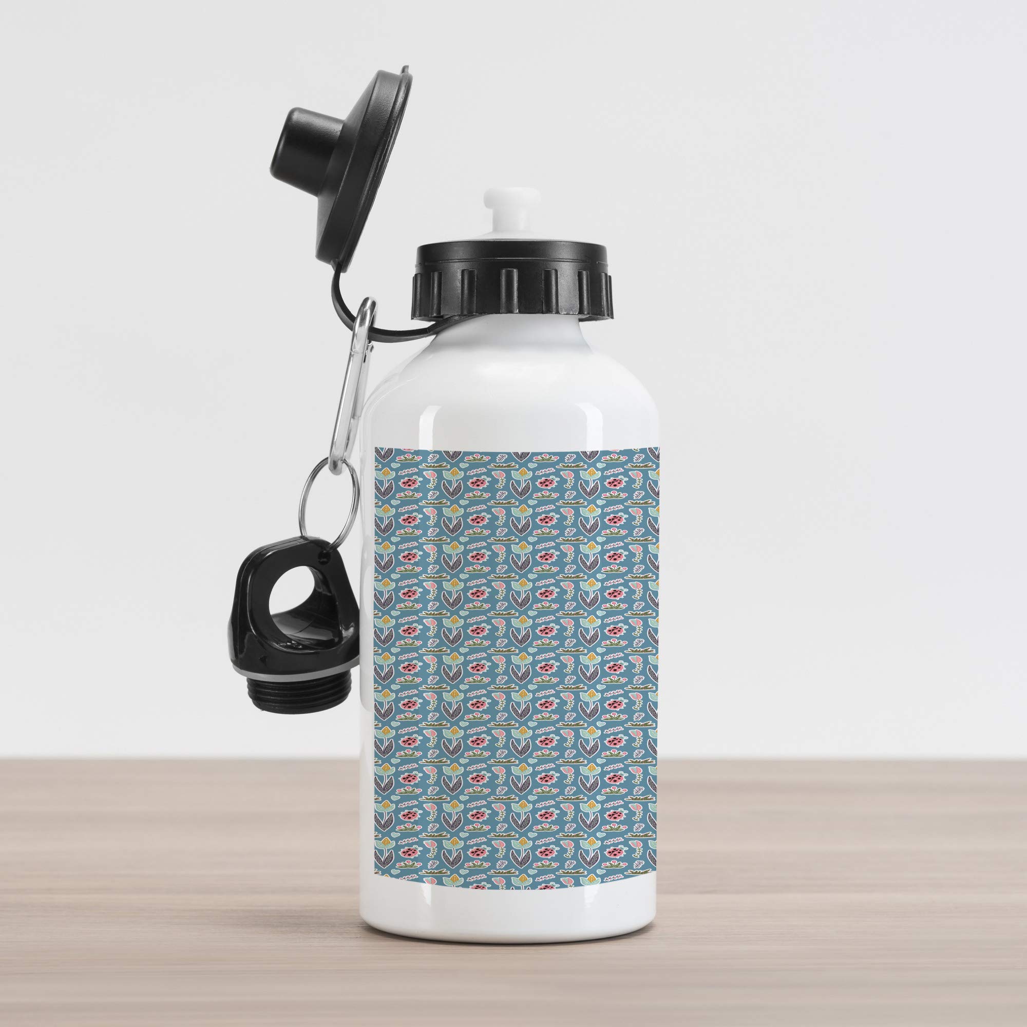 Ambesonne Nature Aluminum Water Bottle, Doodle Forest Elements with Ladybugs Flowers and Thickets Ornamented with Curls, Aluminum Insulated Spill-proof Travel Sports Water Bottle, Multicolor