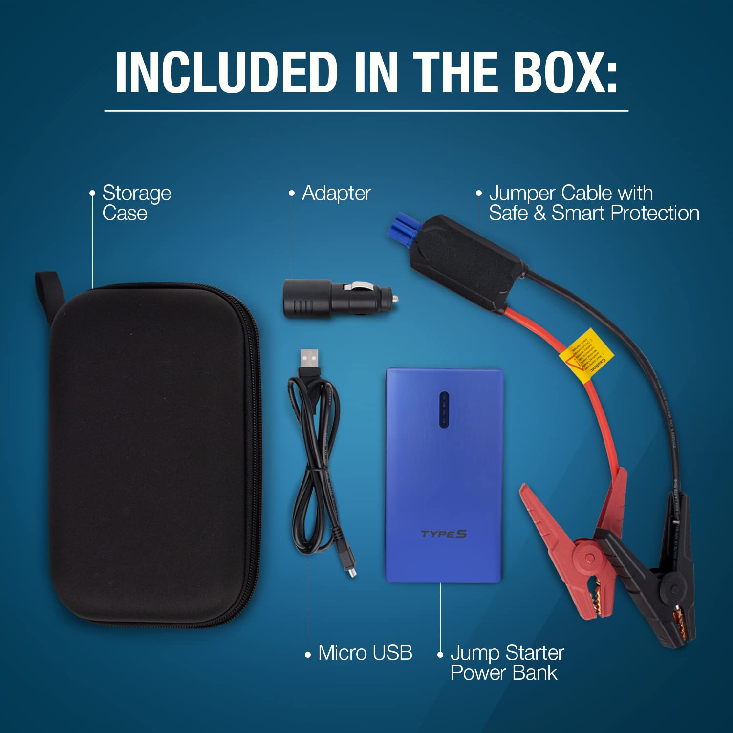 Type S 1000A 12V 6.0L Jump Starter Power Bank with Dual USB Charging and 8,000 mAh Power Bank - Blue