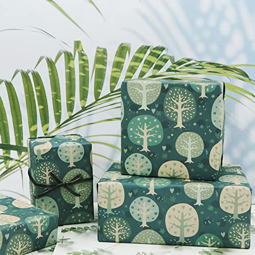 Green Tree Wrapping Paper,White Kraft Gift Wrapping Paper for Boys,4 Folded Sheets Cartoon Wrapping Paper with String for Kids Birthday Baby Showers Christmas Father's Day Party Gift Wrap,28*20 Inch