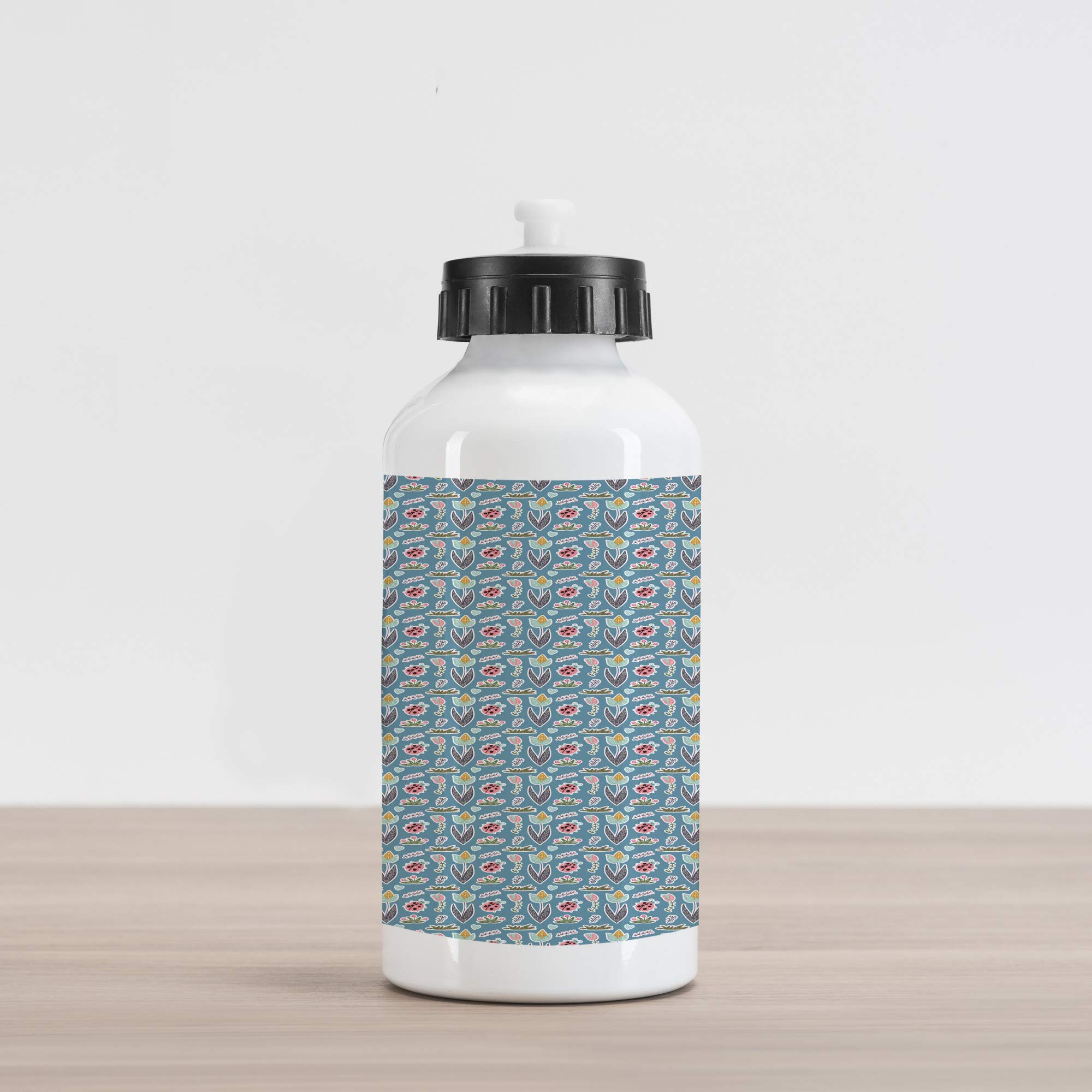 Ambesonne Nature Aluminum Water Bottle, Doodle Forest Elements with Ladybugs Flowers and Thickets Ornamented with Curls, Aluminum Insulated Spill-proof Travel Sports Water Bottle, Multicolor