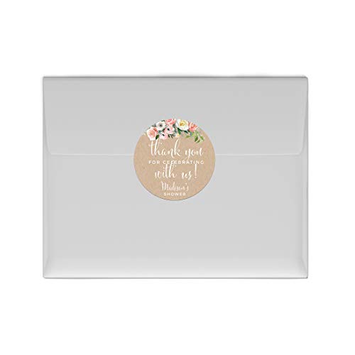 Andaz Press Peach Coral Kraft Brown Rustic Floral Garden Party Wedding Collection, Personalized Round Circle Label Stickers, Thank You for Celebrating with US, 40-Pack, Custom Name