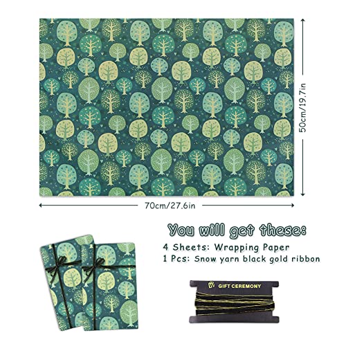 Green Tree Wrapping Paper,White Kraft Gift Wrapping Paper for Boys,4 Folded Sheets Cartoon Wrapping Paper with String for Kids Birthday Baby Showers Christmas Father's Day Party Gift Wrap,28*20 Inch
