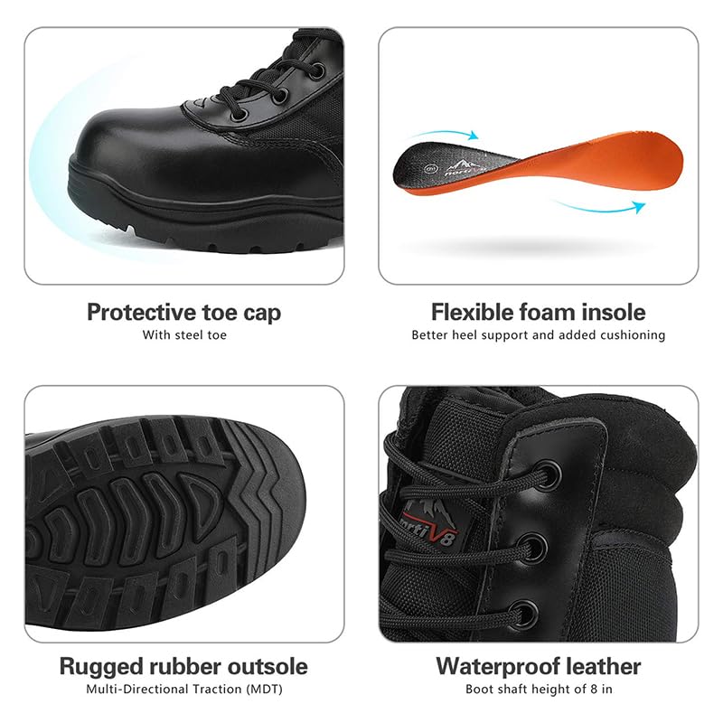 NORTIV 8 Steel Toe Boots for Men Safety Industrial & Construction Military Work Boots Slip Resistant ASTM F2413-18 Black Size 10.5 M US Trooper-Steel