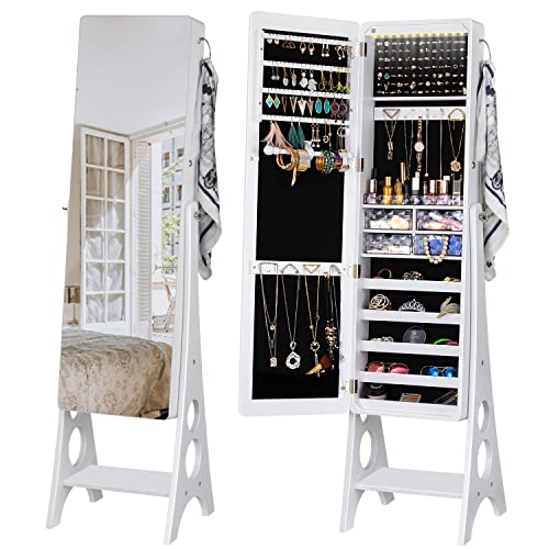 YOKUKINA Mirror Jewelry Cabinet Standing, Large Storage Jewelry Armoire, Full-Length Frameless Mirror with Jewelry Storage, 12 LED Lockable Standing Jewelry Organizer (White)