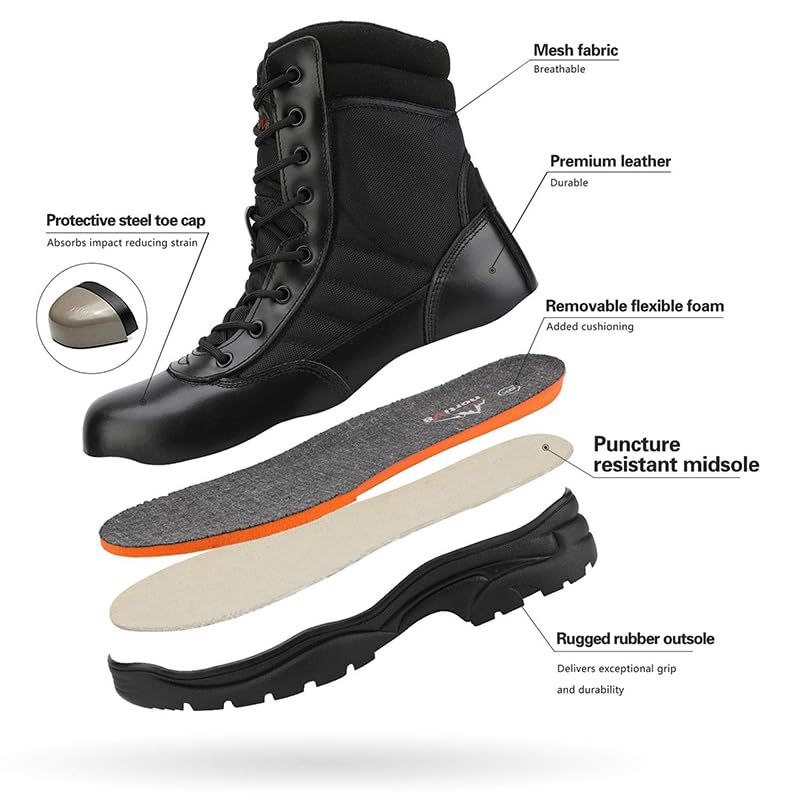 NORTIV 8 Steel Toe Boots for Men Safety Industrial & Construction Military Work Boots Slip Resistant ASTM F2413-18 Black Size 10.5 M US Trooper-Steel