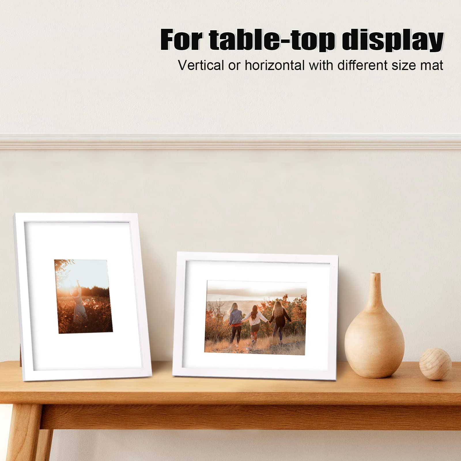 KINLINK 11x14 Picture Frame White, Solid Wood Frames with Acrylic Plexiglass for Pictures 5x7/8x10 with Mat or 11x14 without Mat, Tabletop and Wall Display, Set of 4