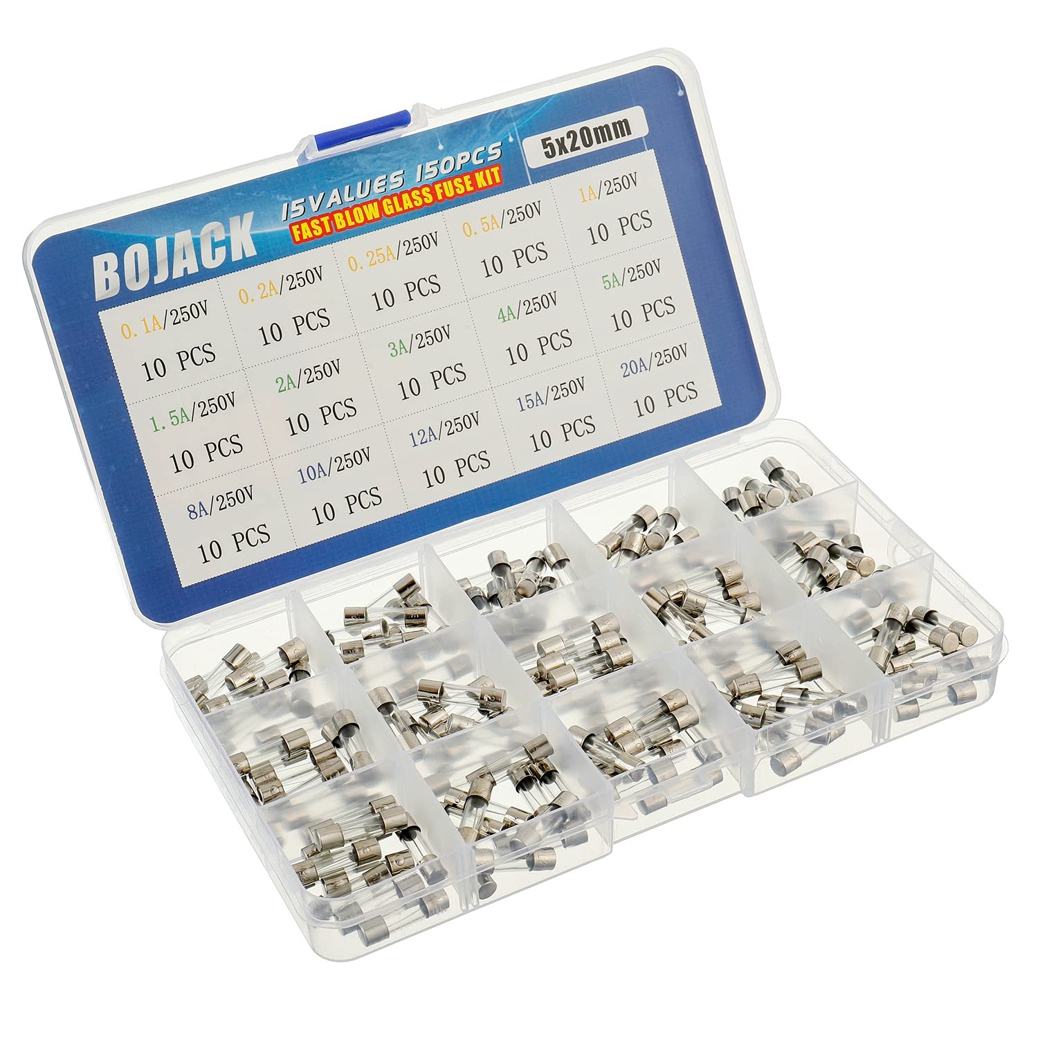 BOJACK 15 Values 150 pcs Fast Blow Glass Fuses Assortment Kit 5x20 mm 250 V 0.1 0.2 0.25 0.5 1 1.5 2 3 4 5 8 10 12 15 20 A packag in a Clear Plastic Box