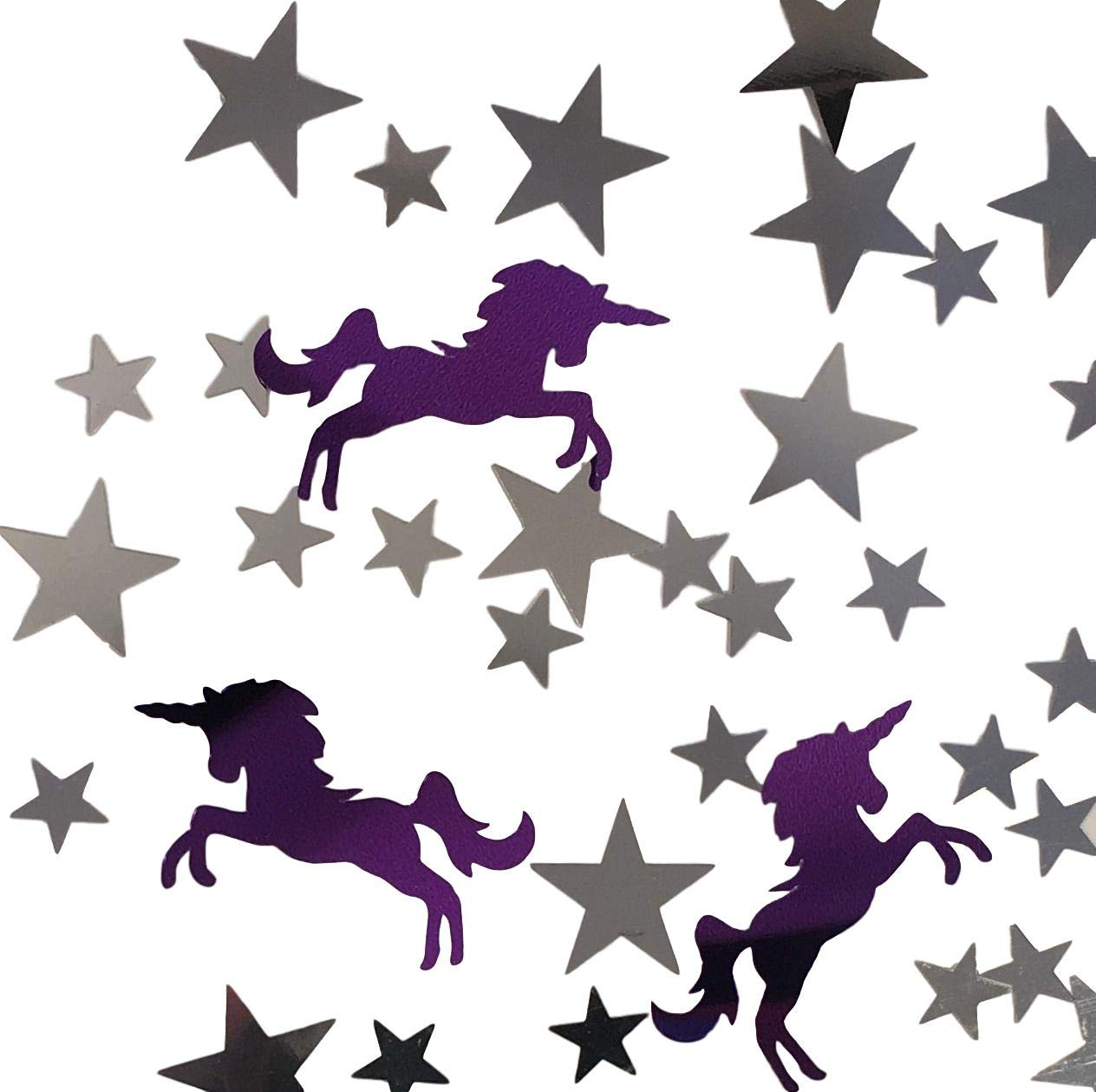 Magical Unicorn Large Foil Confetti – Full Body Unicorn, Unicorn Head and/or Unicorn Horn Confetti - Table Scatter – Decoration for Unicorn Themed Party (Purple Unicorn Body & Silver Stars, 1.5oz)