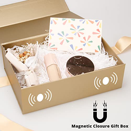 MONDEPAC Gift Box 11x7.5x3.5 Inches,Gold Gift Boxes with Magnetic Lid,Christmas Gift Box Contains Card, Ribbon, Shredded Paper Filler Gift Box for Gift Packaging,Christmas Birthdays Gift Packaging