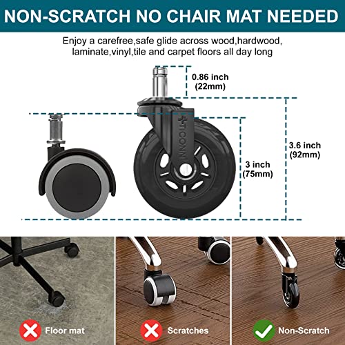 TICONN Office Chair Caster Wheels Set of 5 for Tile, Hardwood Floors and Carpets, Universal Fit for Most Chairs NOT Compatible for IKEA (Black)