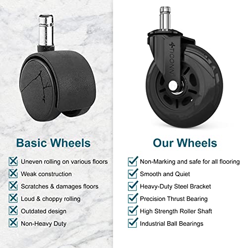 TICONN Office Chair Caster Wheels Set of 5 for Tile, Hardwood Floors and Carpets, Universal Fit for Most Chairs NOT Compatible for IKEA (Black)