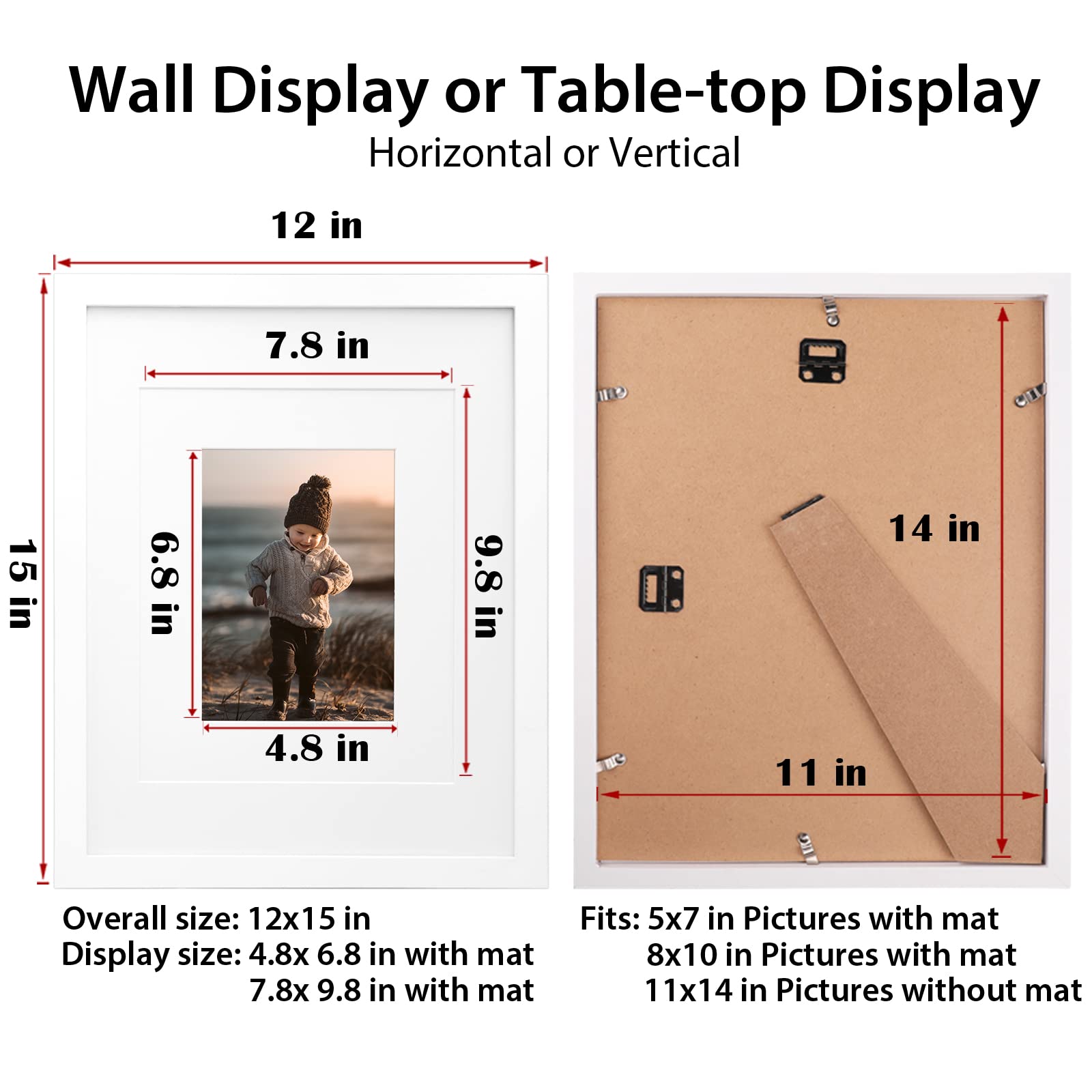 KINLINK 11x14 Picture Frame White, Solid Wood Frames with Acrylic Plexiglass for Pictures 5x7/8x10 with Mat or 11x14 without Mat, Tabletop and Wall Display, Set of 4