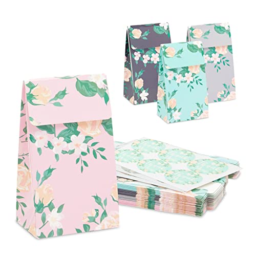 BLUE PANDA Vintage Floral Party Favor Gift Bags with Thank You Stickers, 4 Colors (24 Pack)
