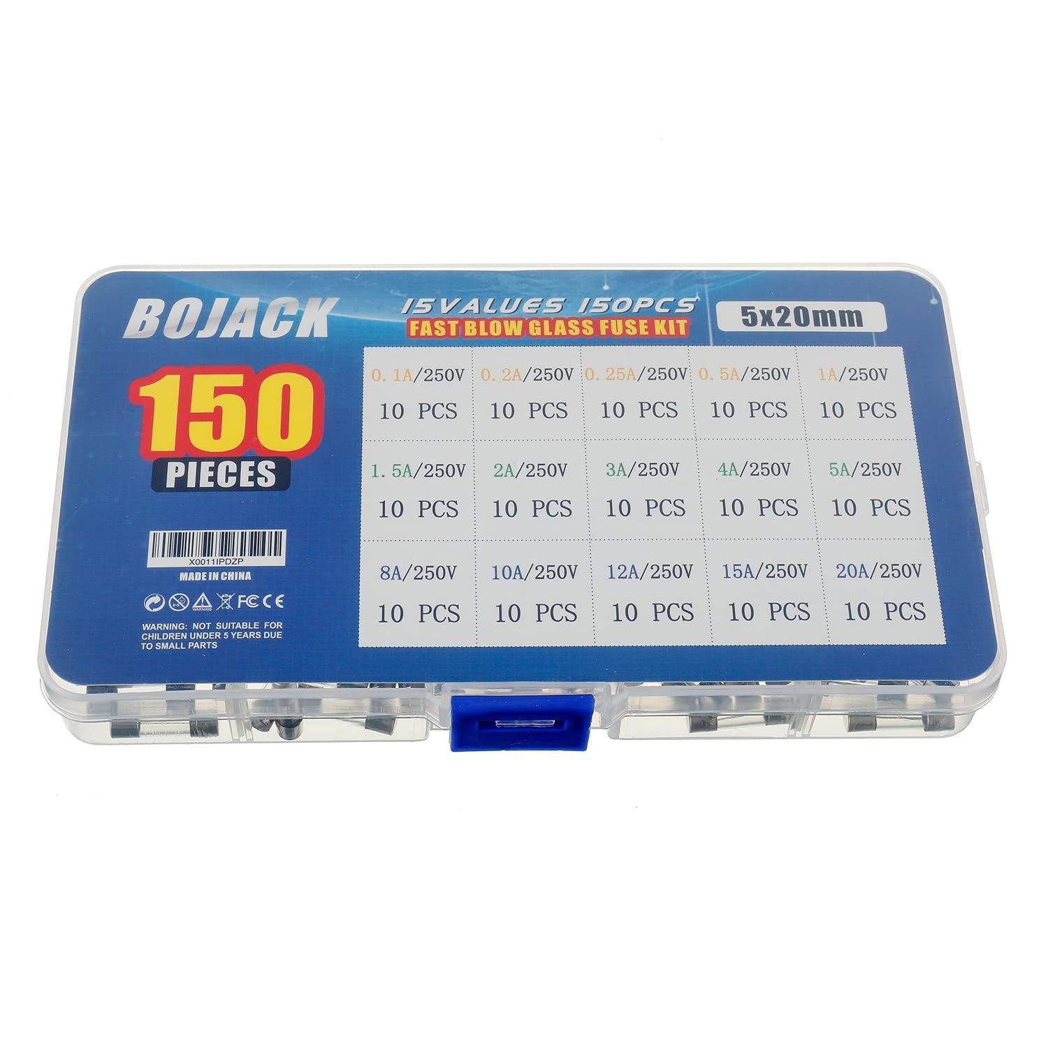 BOJACK 15 Values 150 pcs Fast Blow Glass Fuses Assortment Kit 5x20 mm 250 V 0.1 0.2 0.25 0.5 1 1.5 2 3 4 5 8 10 12 15 20 A packag in a Clear Plastic Box