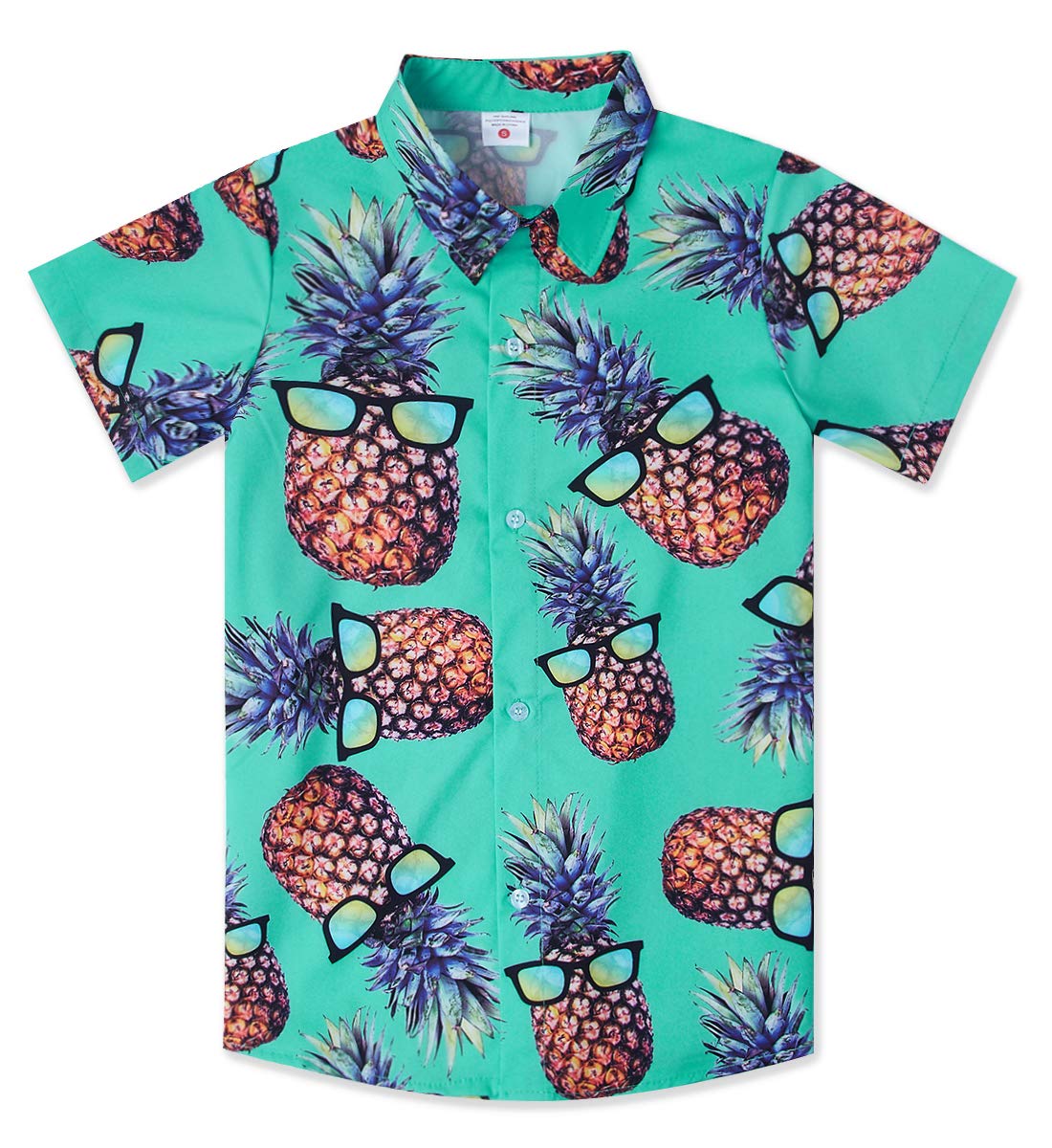 9T 10T Little Boy Green Pineapples Sunglass Hawaiian Print Dress Shirts Fancy Button-down Short Sleeves Polo Tee Shirt at School Camp Play Casual Lounging Wear Swimming Pool Outfits for Kids Children