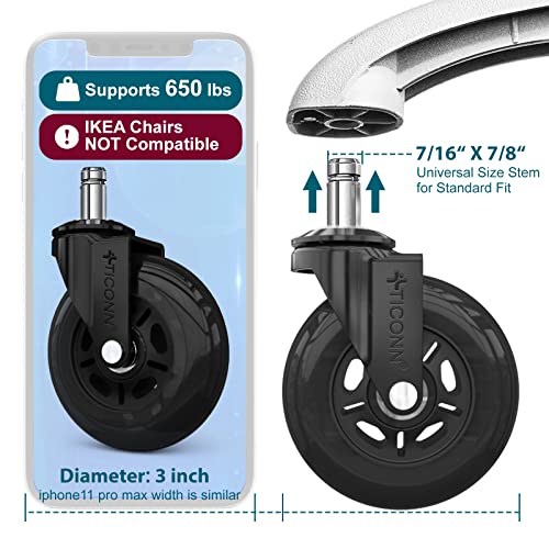 TICONN Office Chair Caster Wheels Set of 5 for Tile, Hardwood Floors and Carpets, Universal Fit for Most Chairs NOT Compatible for IKEA (Black)