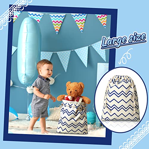 Dunzy 2 Pack Drawstring Gift Bags Large Ivory and Blue Stripe Fabric Gift Bags Reusable Canvas Gift Bags for Father's Day Birthdays Holiday, 15.8 x 19.7 Inch, 11.8 x 15.8 Inch