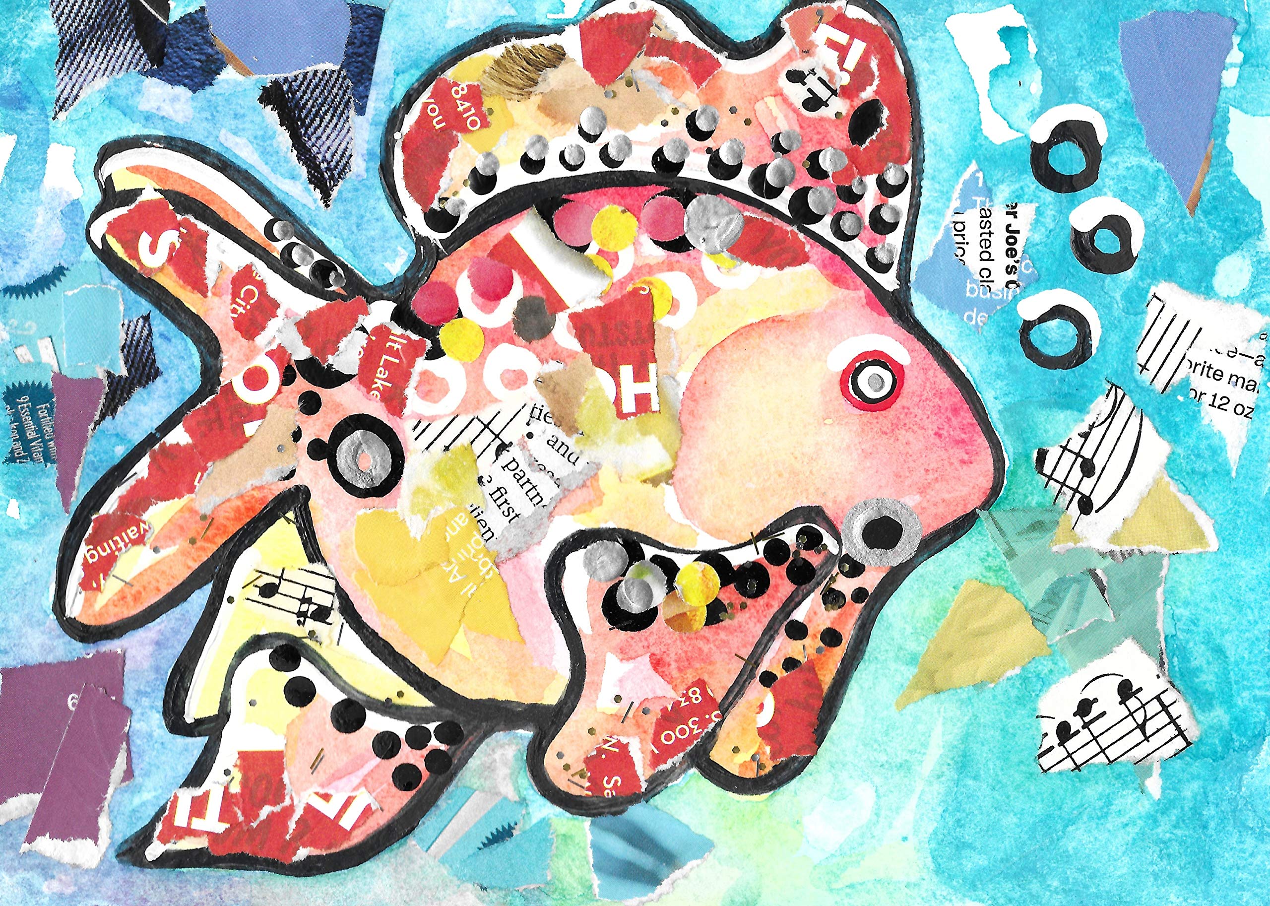 Fancy Goldfish Collage Wall Art Decor recycled upcycled magazines artwork fish wall decor outsider surreal paintings unique mixed media acrylics watercolors pointillism layers texture Mod Podge 215