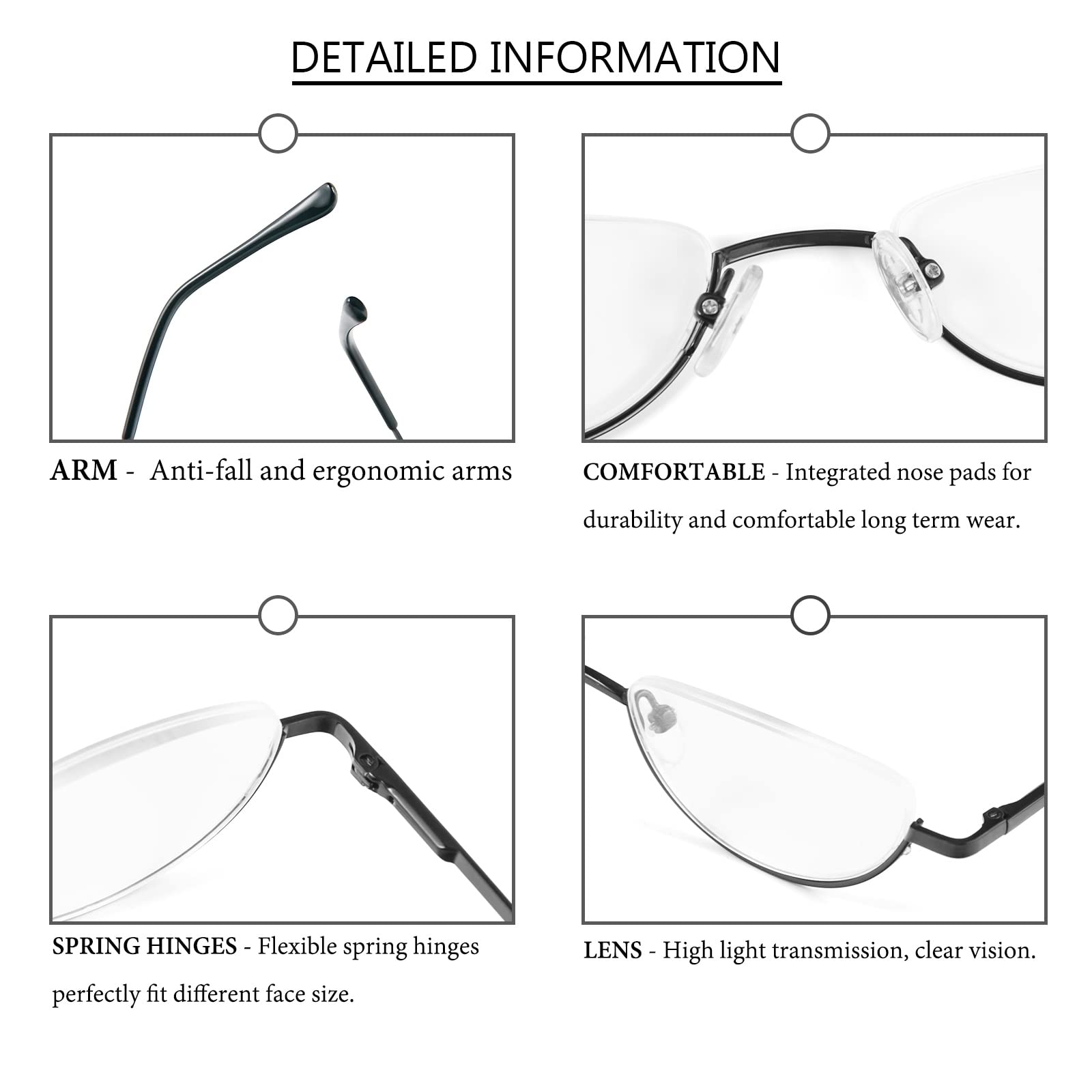 REAVEE 2 Pack Retro Designer Half Moon Reading Glasses Women Men Spring Hinge Half Frame Readers Stylish Slim Eyeglasses with Pouch,Red and Gun Grey 2.0