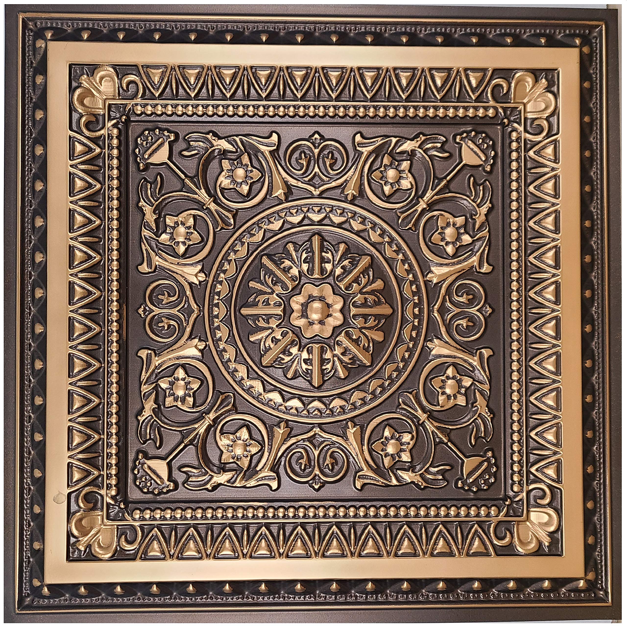 Faux Tin Ceiling Tile for Antique Look Ceiling, 3D Wall Paneling, Backdrop. Easy Glue up/Drop in Installation. Pack of 25 (2'X2') Decorative Ceiling Tiles in Antique Gold (~ 100 sq.ft). MDL#223AG