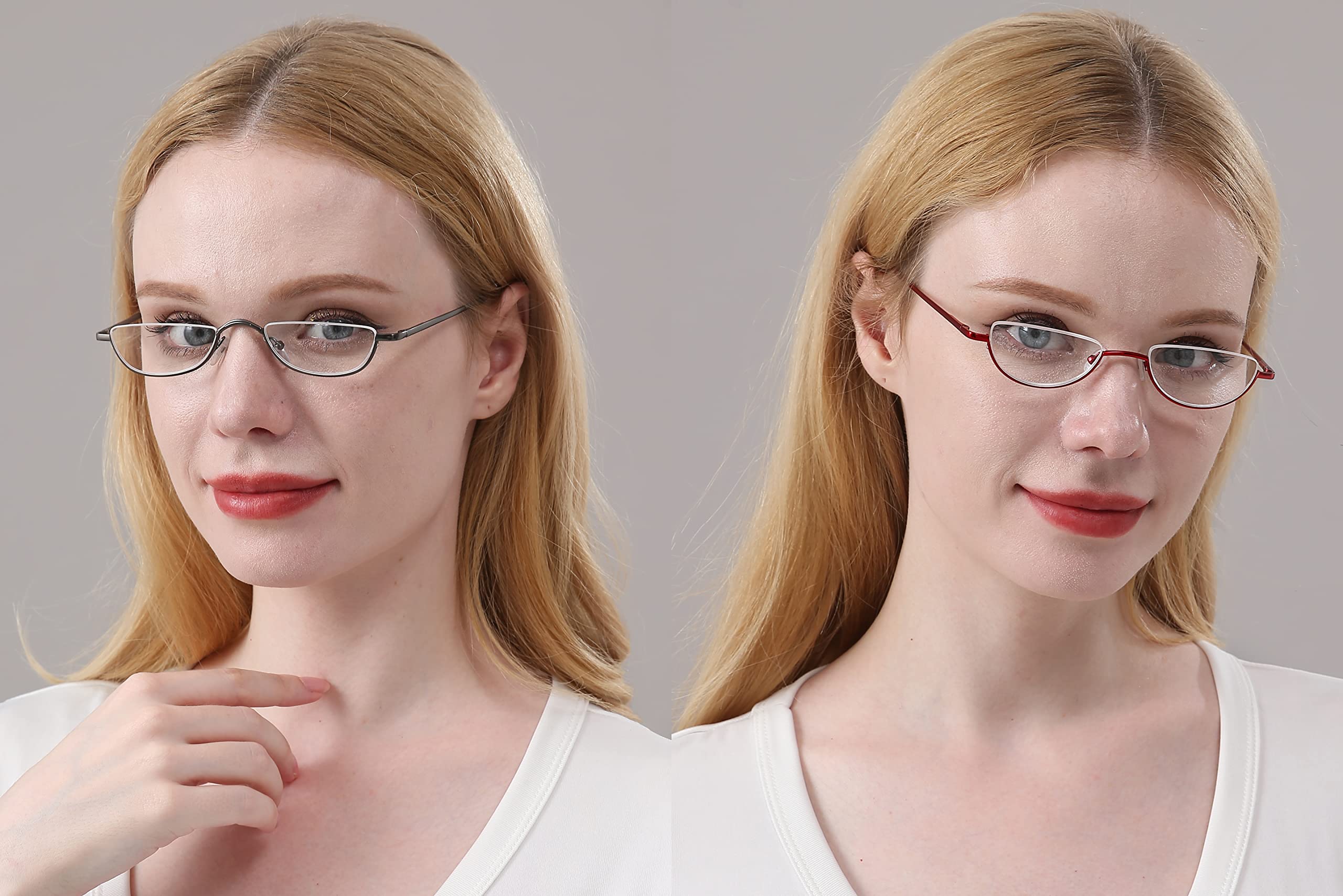 REAVEE 2 Pack Retro Designer Half Moon Reading Glasses Women Men Spring Hinge Half Frame Readers Stylish Slim Eyeglasses with Pouch,Red and Gun Grey 2.0
