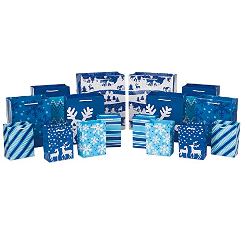 Image Arts Holiday Gift Bag Assortment (Pack of 16) Blue and White Stripes, Snowflakes, Reindeer, Winter Scenes