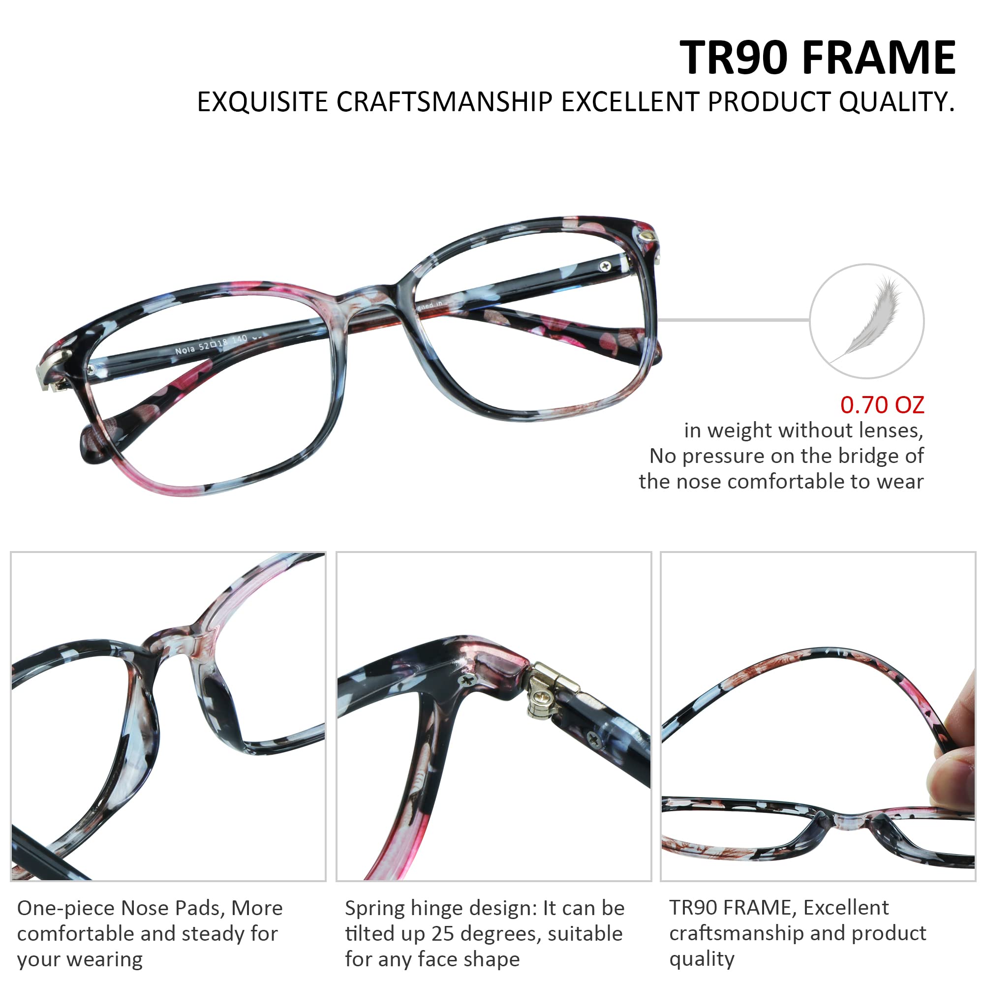 VisionGlobal Blue Light Blocking Glasses for Women, Anti Eyestrain, Computer Reading, TV Glasses, Stylish Square Frame, Anti Glare(+1.25 Magnification)