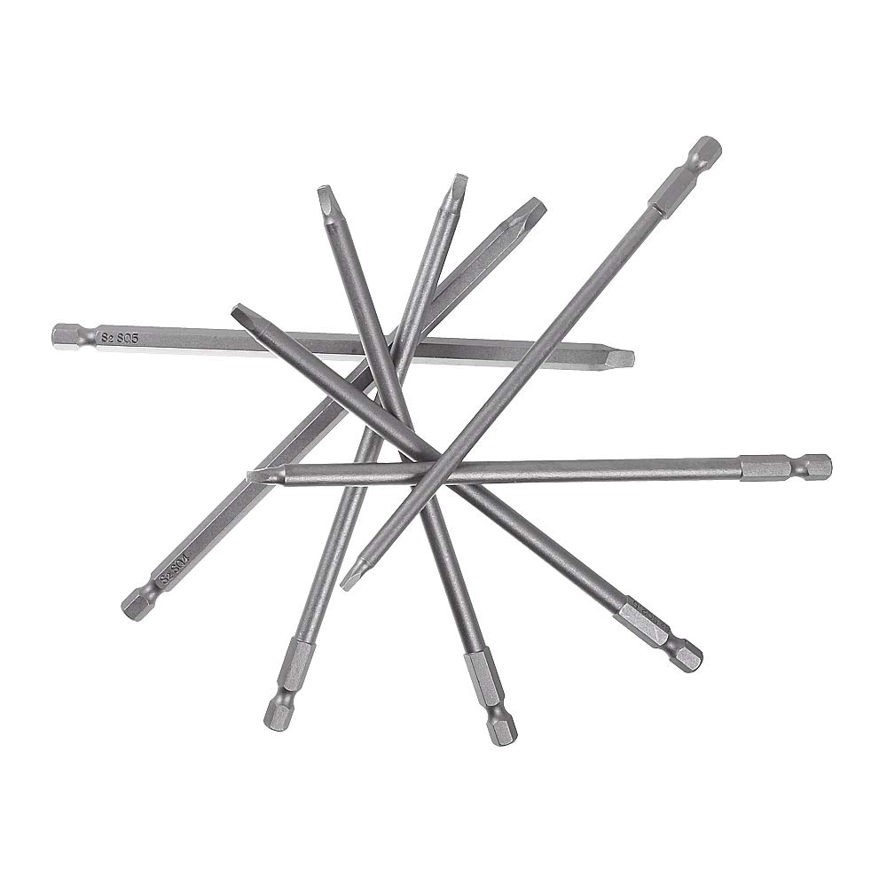 Rocaris 7 pcs 1/4 Inch Hex Shank Long Magnetic Square Head Screwdriver Bits Set Power Tools SQ1, SQ2, SQ2.5, SQ2.7, SQ3, SQ4, SQ5 For Poket Hole Jig- 6 inch Length