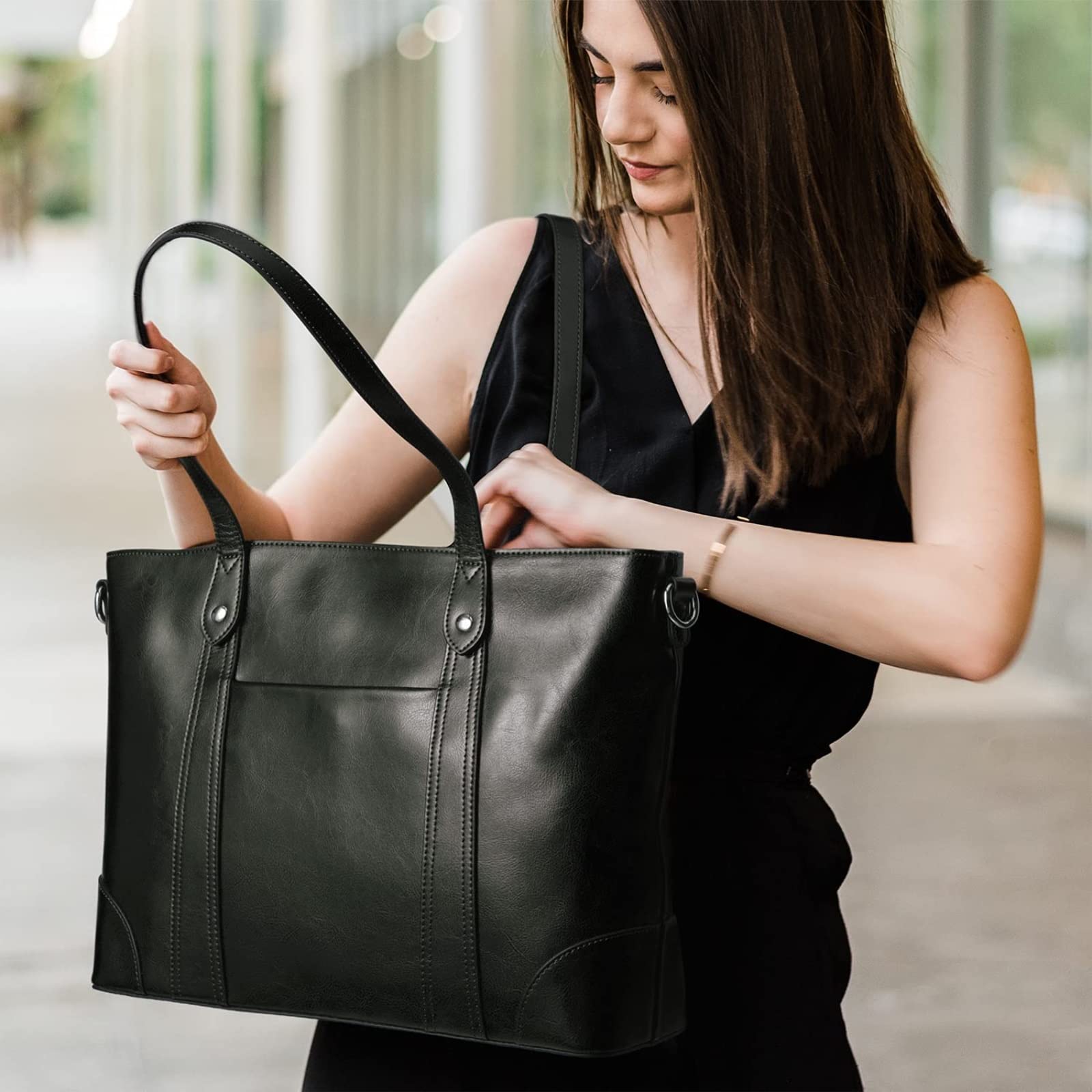 S-ZONE Leather Tote Bag for Women Office Shoulder Handbag 15.6 Inch Work Laptop Briefcase (Black)
